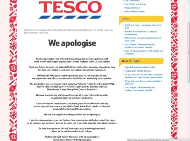 Tesco wins CorpComms award for horsemeat scandal response | News | The ...